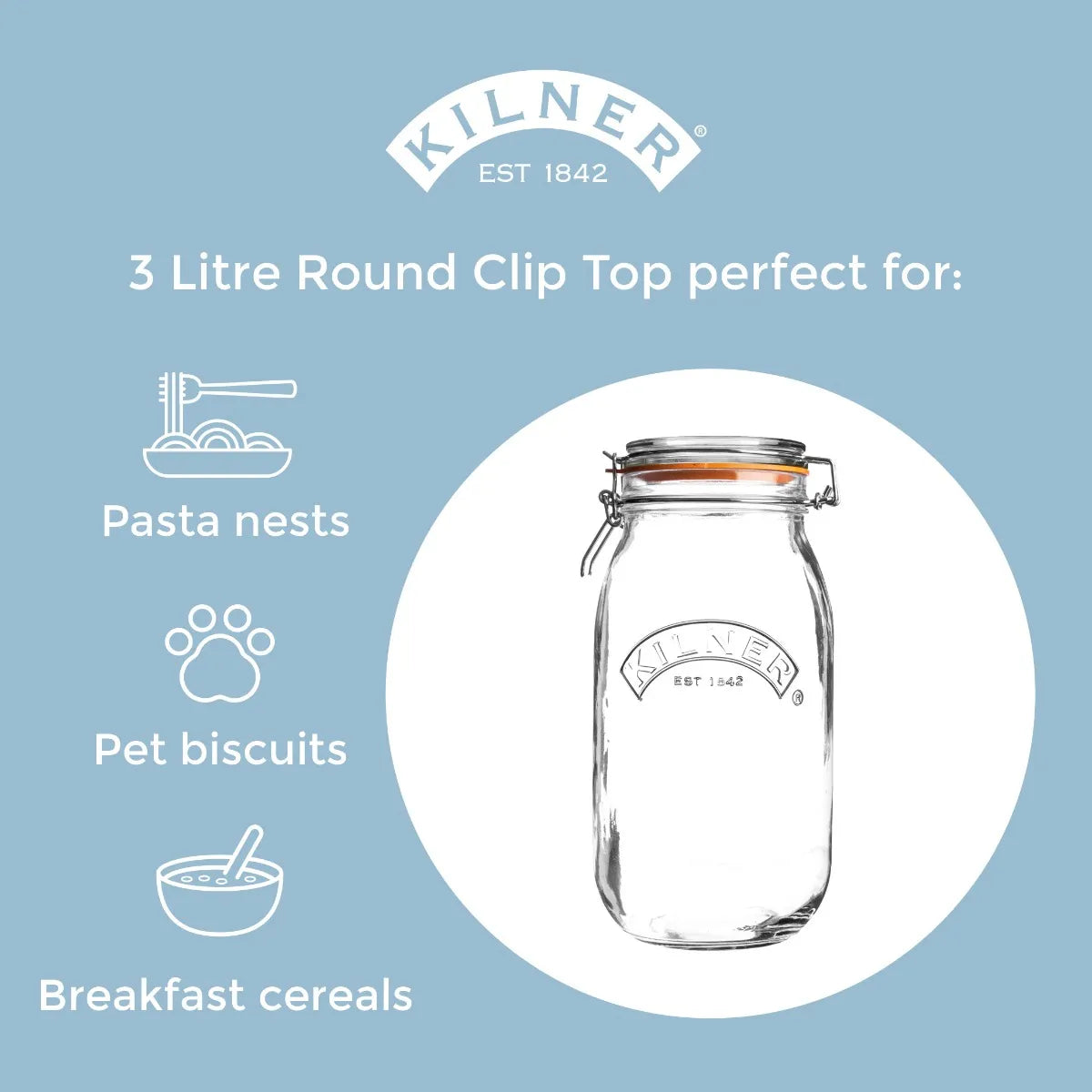 Kilner Clip Top Clear Glass Round Jar, 3000 ml | thinKitchen
